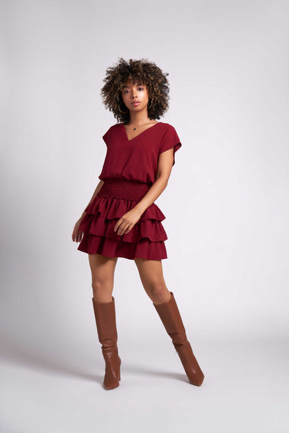 Garnet Red Isabella Smocked Waist Mini Dress – Caldwell Collection