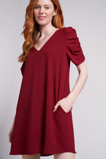 Garnet Red Ashley Short Ruched Sleeve V-Neck Dress – Caldwell Collection